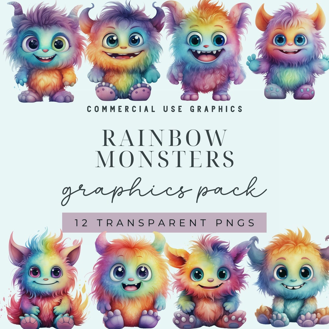 Cute Rainbow Monster Clipart Watercolor PNG Halloween Party Invitation ...