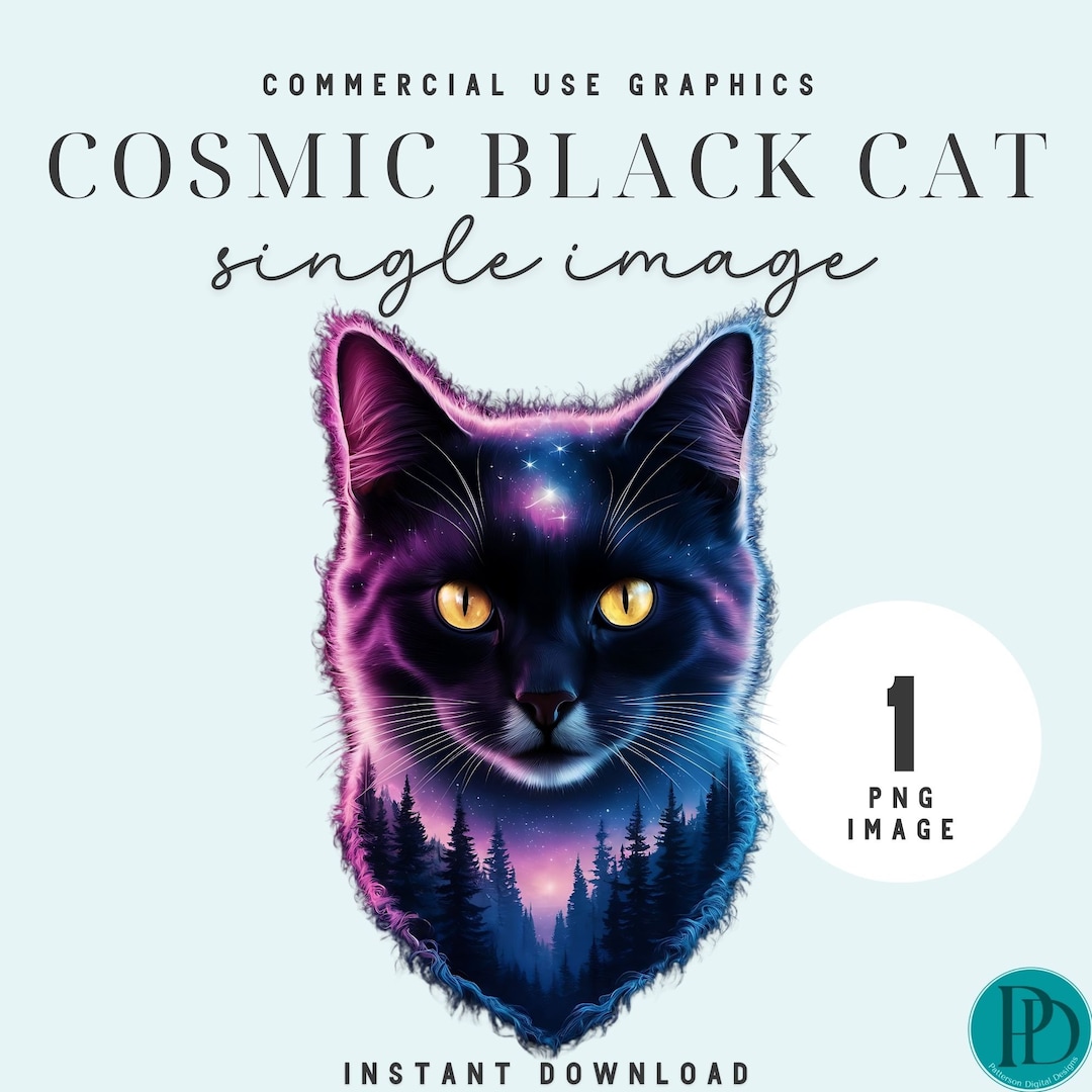 Cosmic Black Cat Clipart Graphic PNG Mystical Space Kitty With Forest ...