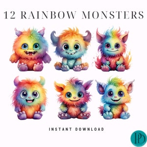 Cute Rainbow Monster Clipart Watercolor PNG Halloween Party Invitation ...