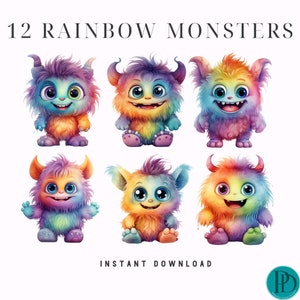 Cute Rainbow Monster Clipart Watercolor PNG Halloween Party Invitation ...