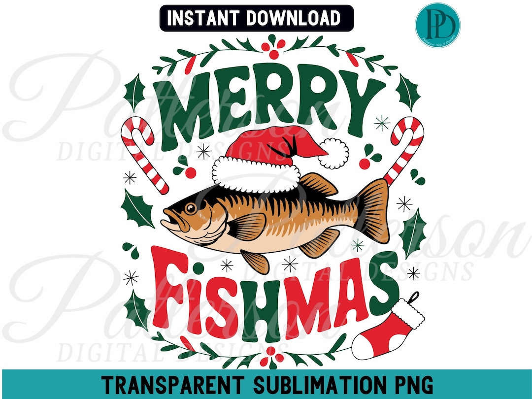 Merry Fishmas Digital PNG, Funny Fishing Christmas Clipart, Festive ...