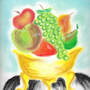 Bowl of Fruit Art Print Still Life Painting Oil Pastel Botanical Food ...