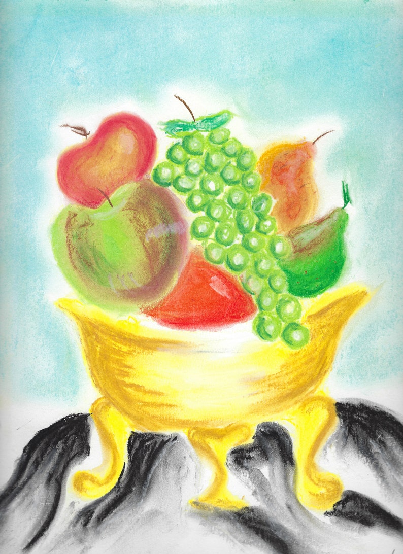 Bowl of Fruit Art Print Still Life Painting Oil Pastel Botanical Food ...