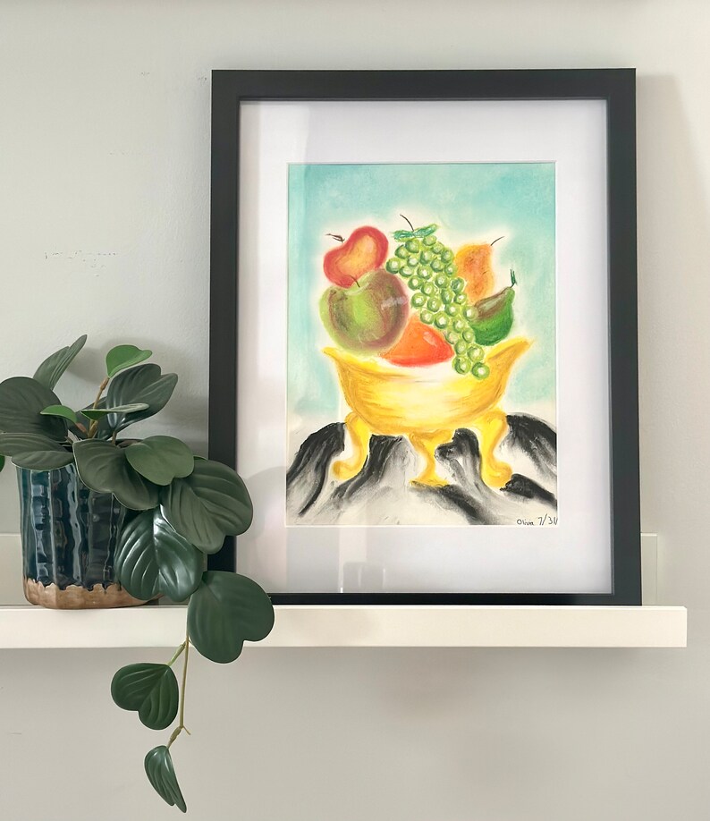Bowl of Fruit Art Print Still Life Painting Oil Pastel Botanical Food ...