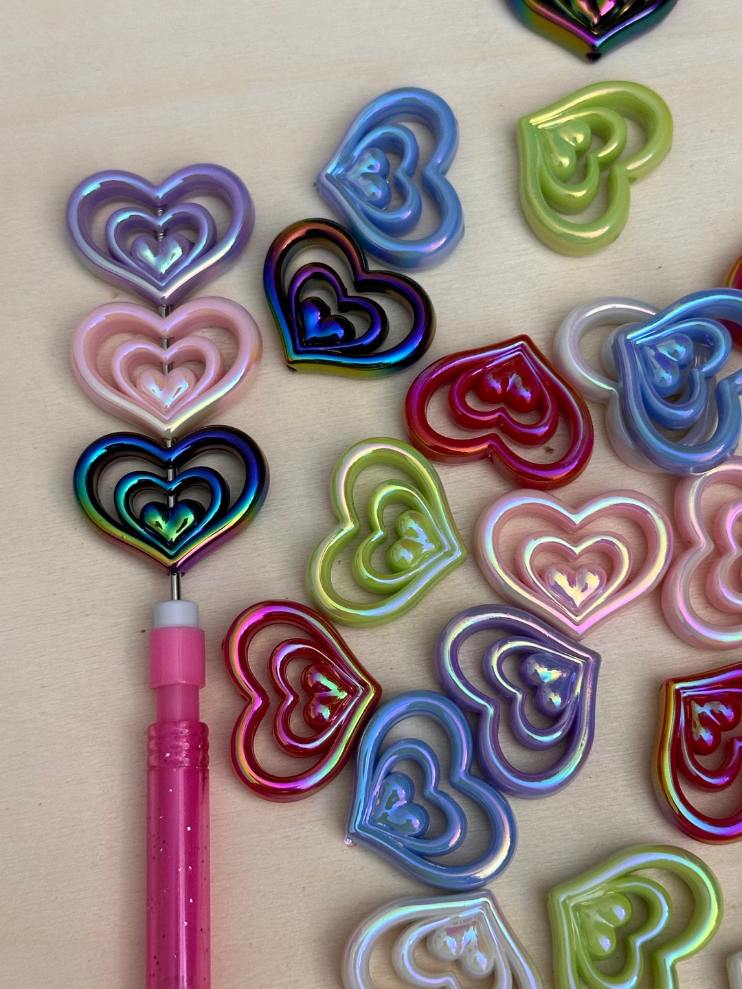 Ten 10 Acrylic Triple Heart Shaped Beads Included/ Beads/ Beadable Pen ...