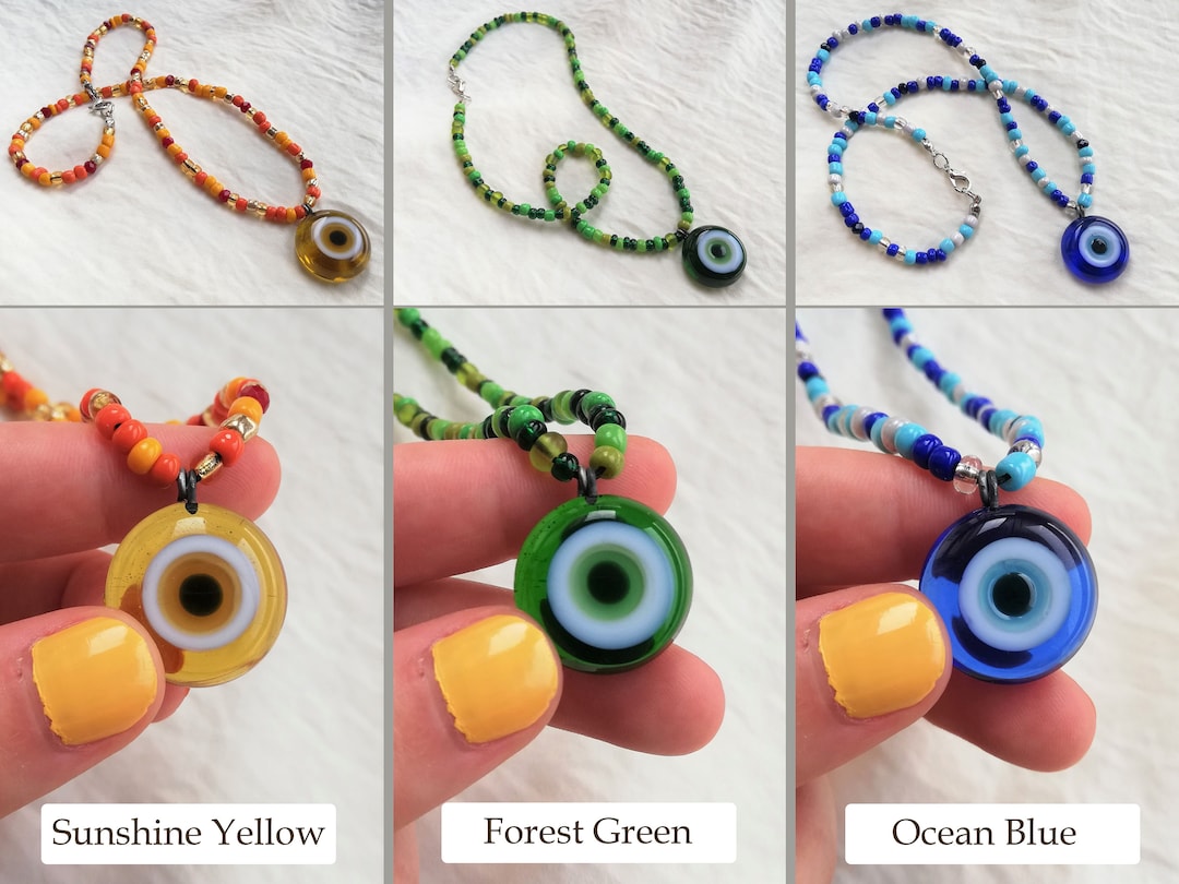 Evil Eye Necklace, Beaded Yellow Green Blue Nazar Necklace, Cute Glass ...