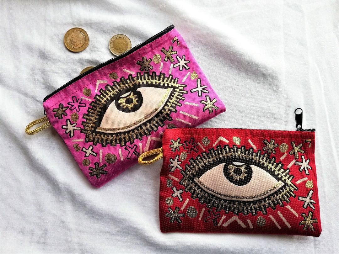 Pink Coin Purse, Evil Eye Zipper Wallet, Red Ethnic Bag, Handmade Evil ...