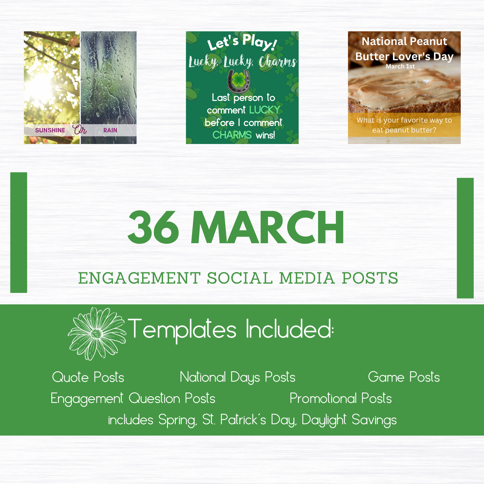 36 March Social Media Posts Engagement Graphics St Patricks Day Graphics Canva Template
