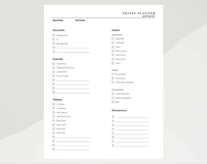Travel Packing List | Compatible With Goodnotes, Notability Etc ...