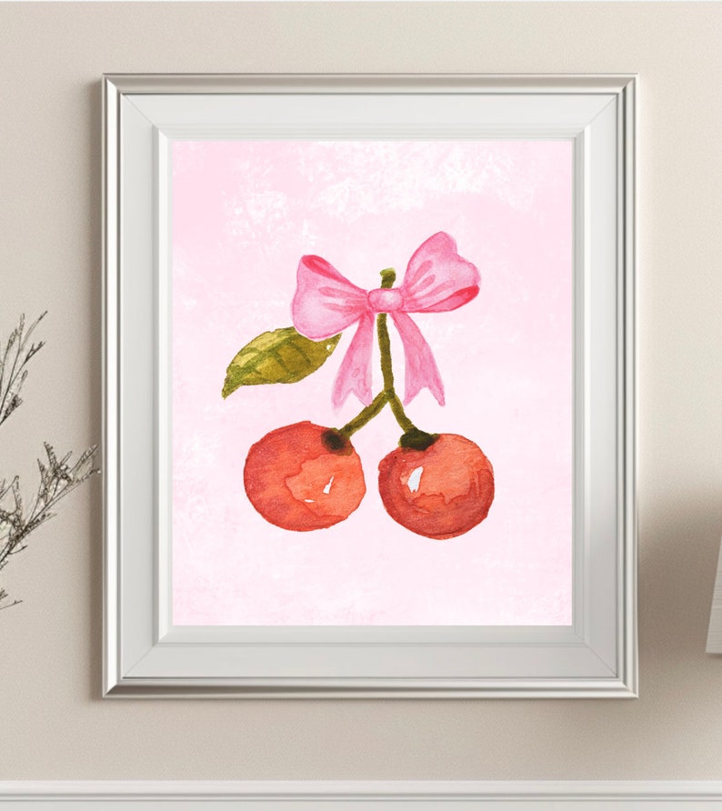 Pink Bow Cherry Art Print, Maximalist Art Print, Girly Kitchen Decor ...