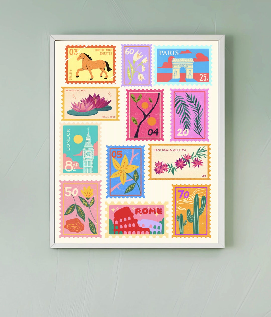 Colorful Stamp Collage Art Print, Retro Wall Art, Maximalist Prints ...