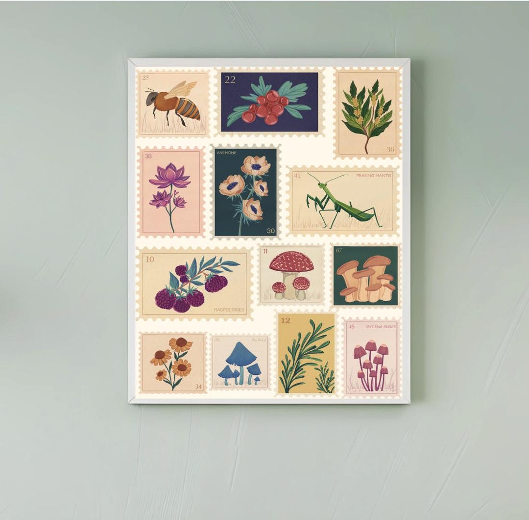 Neutral Stamp Collage Art Print, Cottage Core Wall Art, Beige Art ...