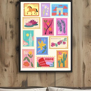 Colorful Stamp Collage Art Print, Retro Wall Art, Maximalist Prints ...