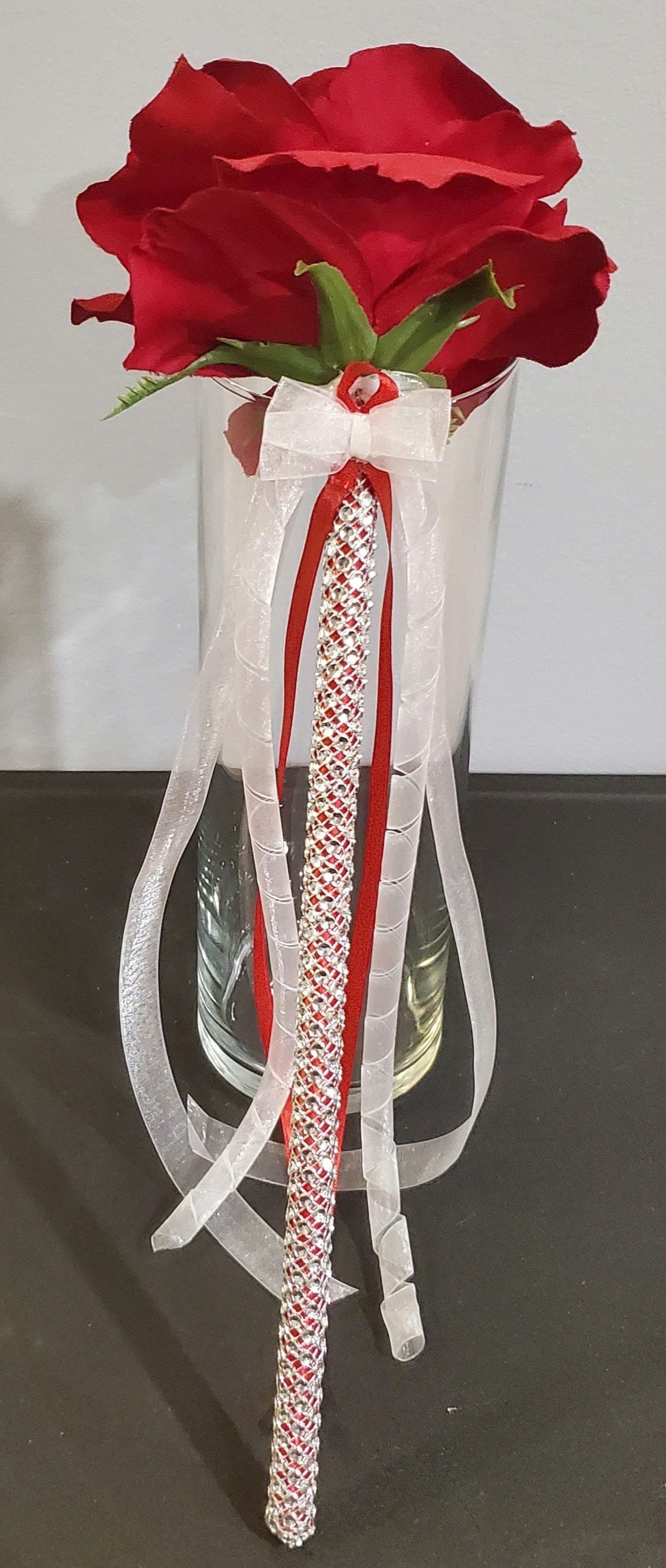 Red Rose Flower Girl Wand: Rhinestone Ribbon Wedding Prop - Etsy
