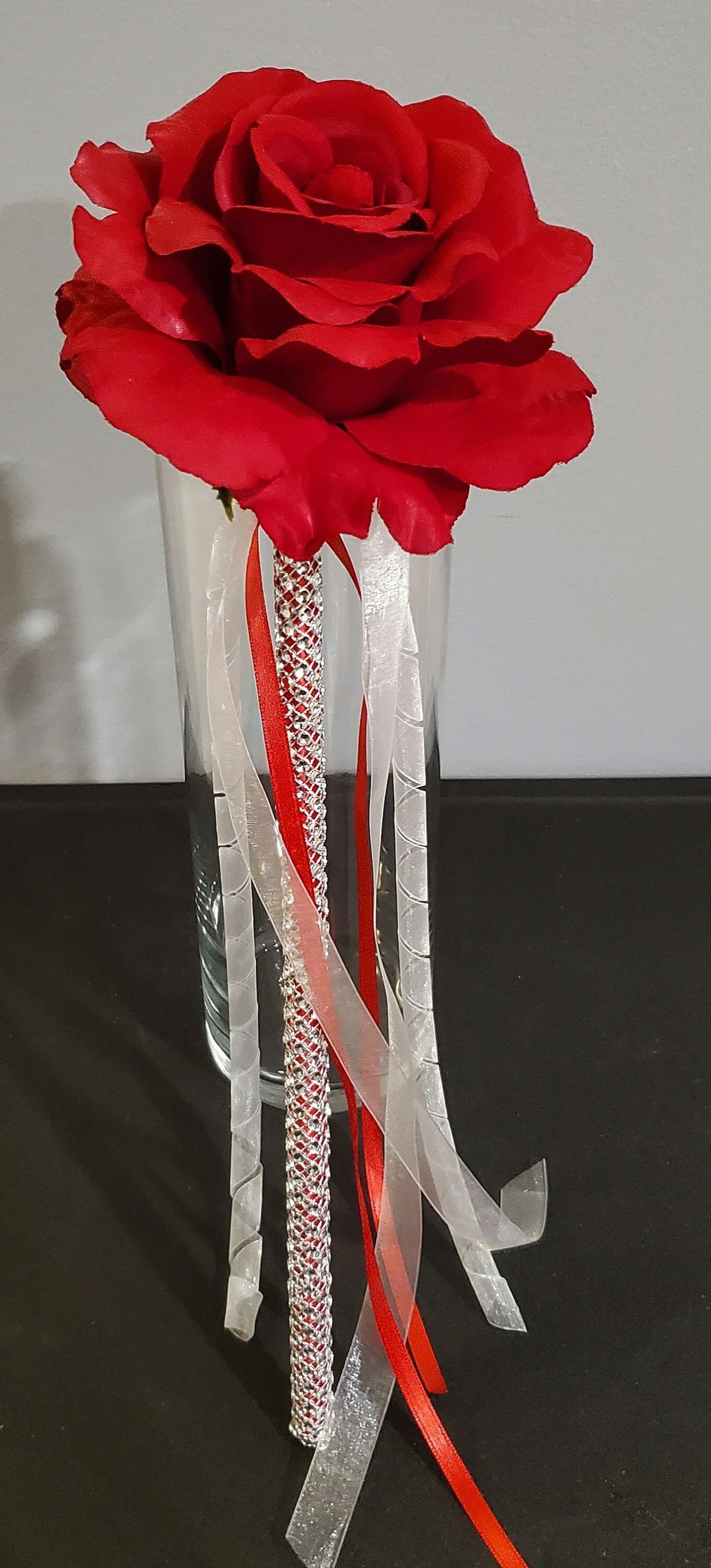 Red Rose Flower Girl Wand: Rhinestone Ribbon Wedding Prop - Etsy