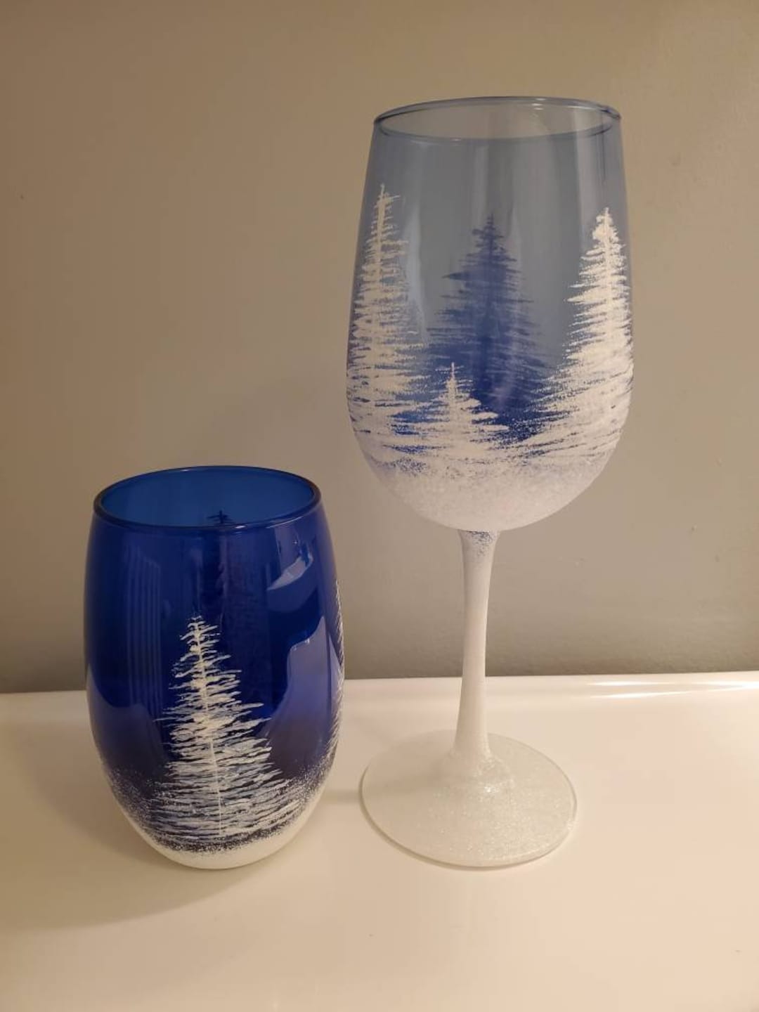 Hand Painted Winter Scene Glass, Snow Covered Christmas Tree Wine Glass ...