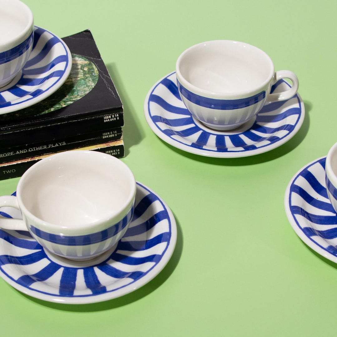 Vintage White & Blue Striped Mug and Saucers, Made in England, 1990s - Etsy