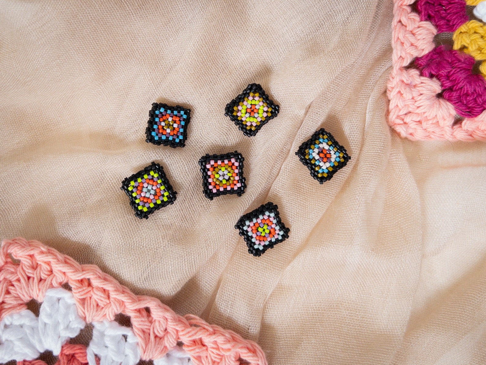 Handmade Seed Bead Crochet Granny Square Earrings, Handwoven Beaded ...