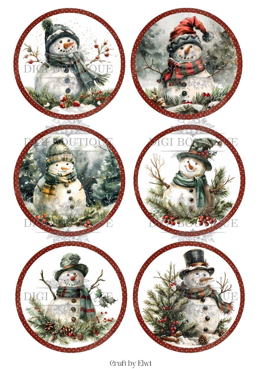 Vintage Snowman Instant Download Paper,printable Christmas Round Shape ...