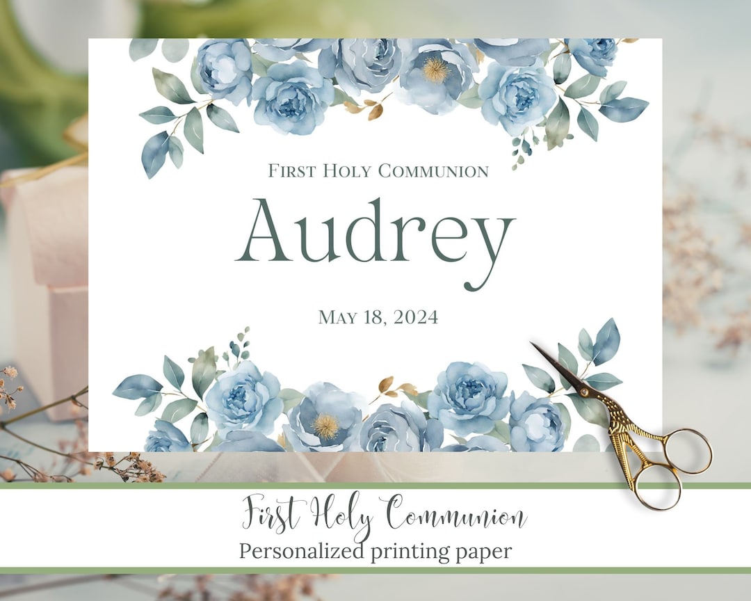 First Holy Communion Custom Paper,download File,blue Roses Border ...
