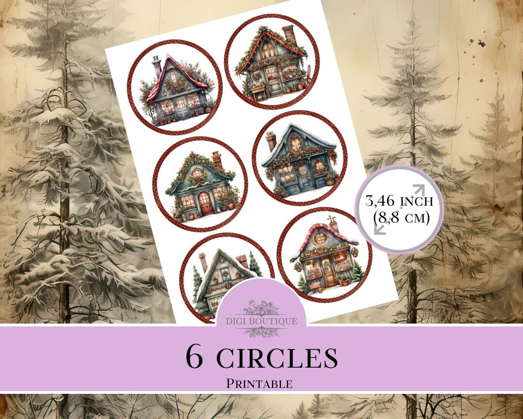 Festive Tiny House Printable Circle,instant Download Decoupage Ornament ...