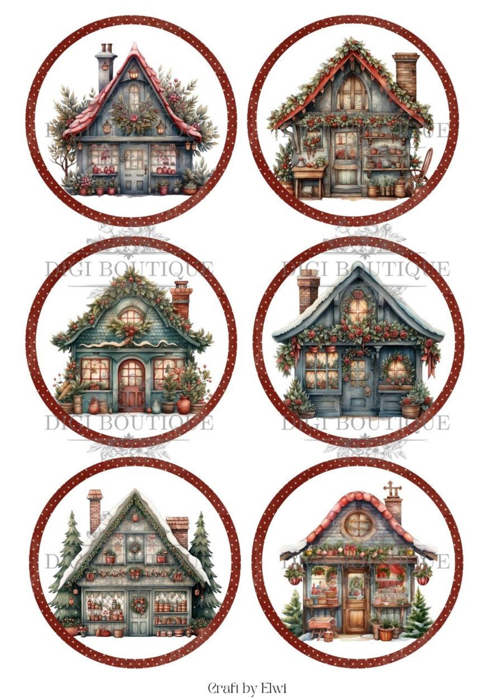 Festive Tiny House Printable Circle,instant Download Decoupage Ornament ...