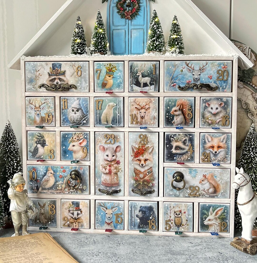 Advent Calendar House White,wooden Box With Animals & Trees,christmas ...
