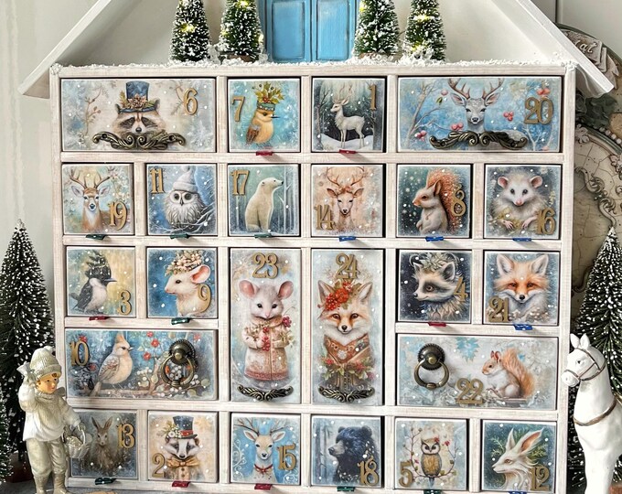 Advent Calendar House White,wooden Box With Animals & Trees,christmas ...