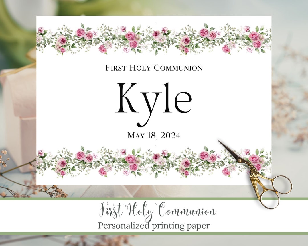 First Holy Communion Custom Paper,download A4 File,pink Roses Borders ...