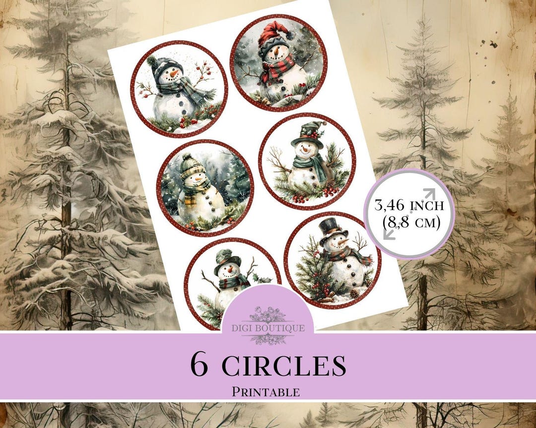 Vintage Snowman Instant Download Paper,printable Christmas Round Shape ...