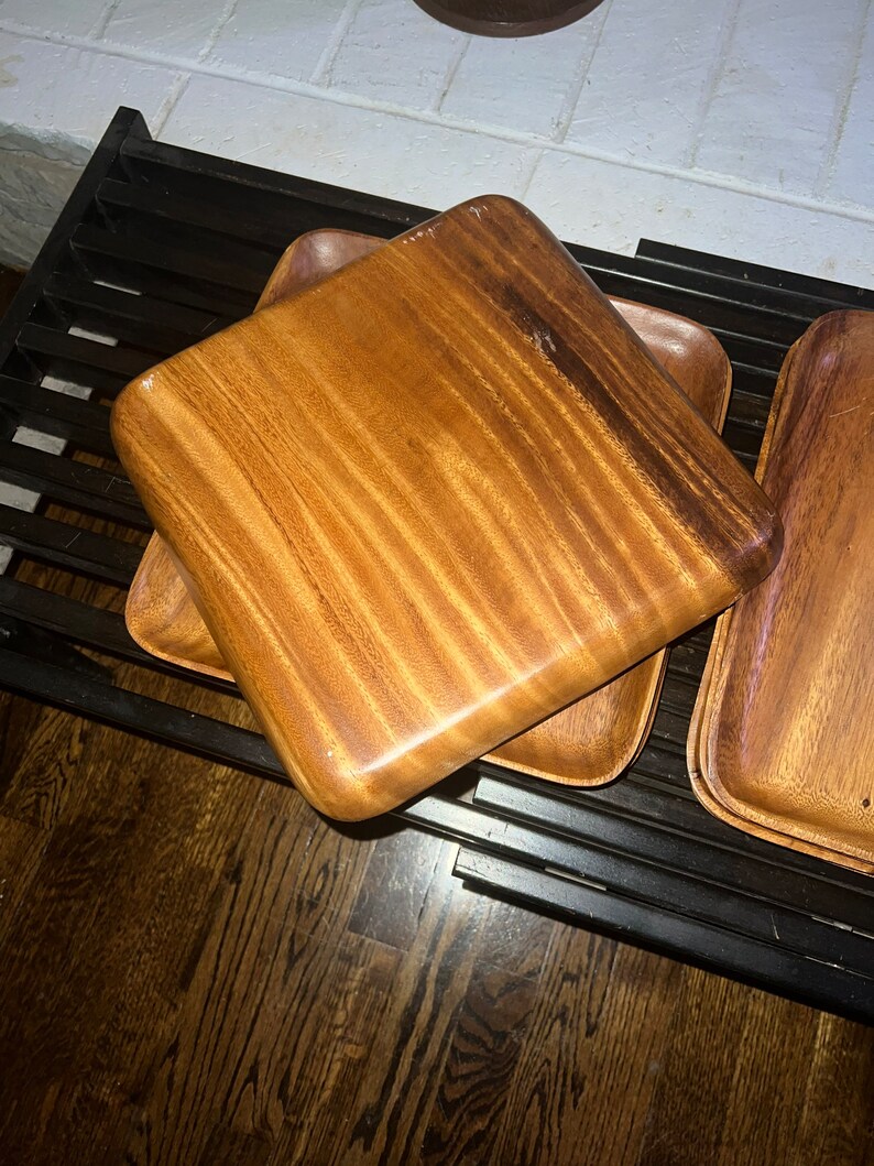 RARE & Stunning!! Vintage Monkey Pod Square Tray Plates, Wood Made in ...