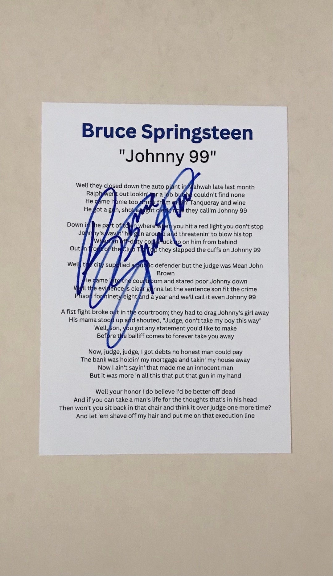 Bruce Springsteen Johnny 99 Signed A4 Lyric Sheet - Etsy