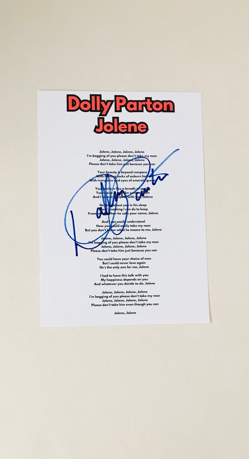 Dolly Parton Jolene Signed A4 Lyric Sheet - Etsy