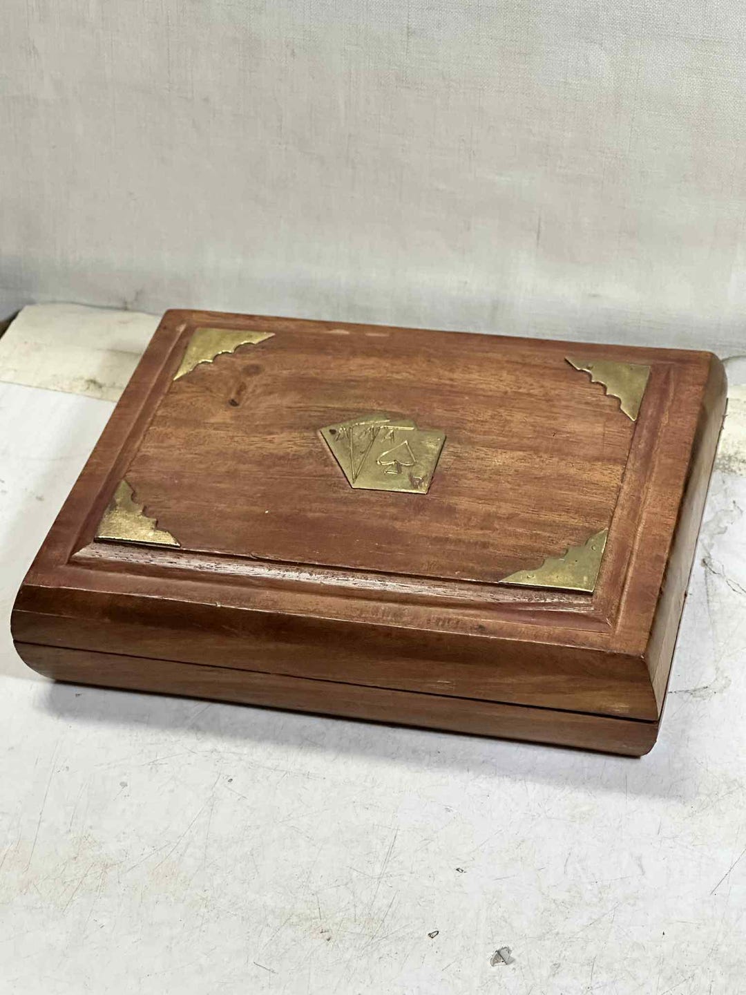 Vintage Wooden Playing Card Storage Box With Brass Inlays – Dual ...