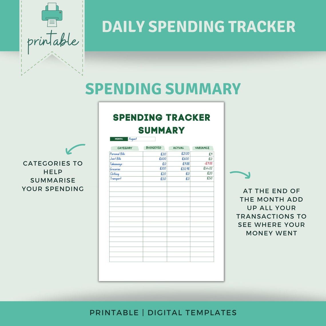SPENDING TRACKER Printable Spending Log Transaction Log Digital ...