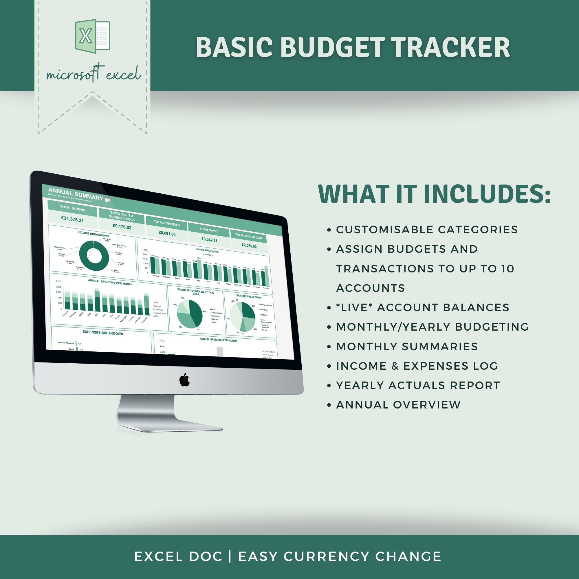 Excel BASIC BUDGET TRACKER Budget Spreadsheet Annual Budgeting Zero ...