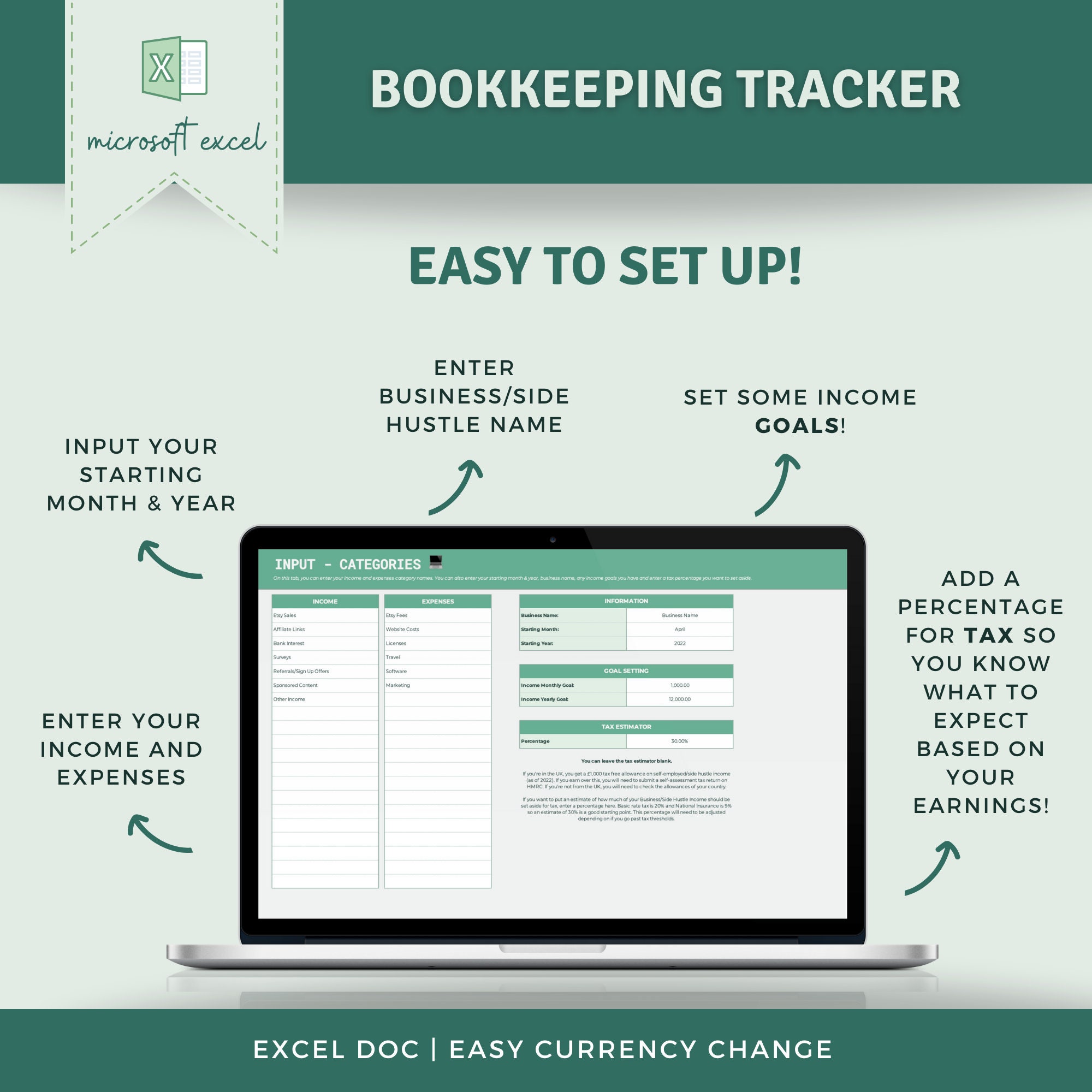 EXCEL Small Business Bookkeeping Side Hustle Income & Expenses ...