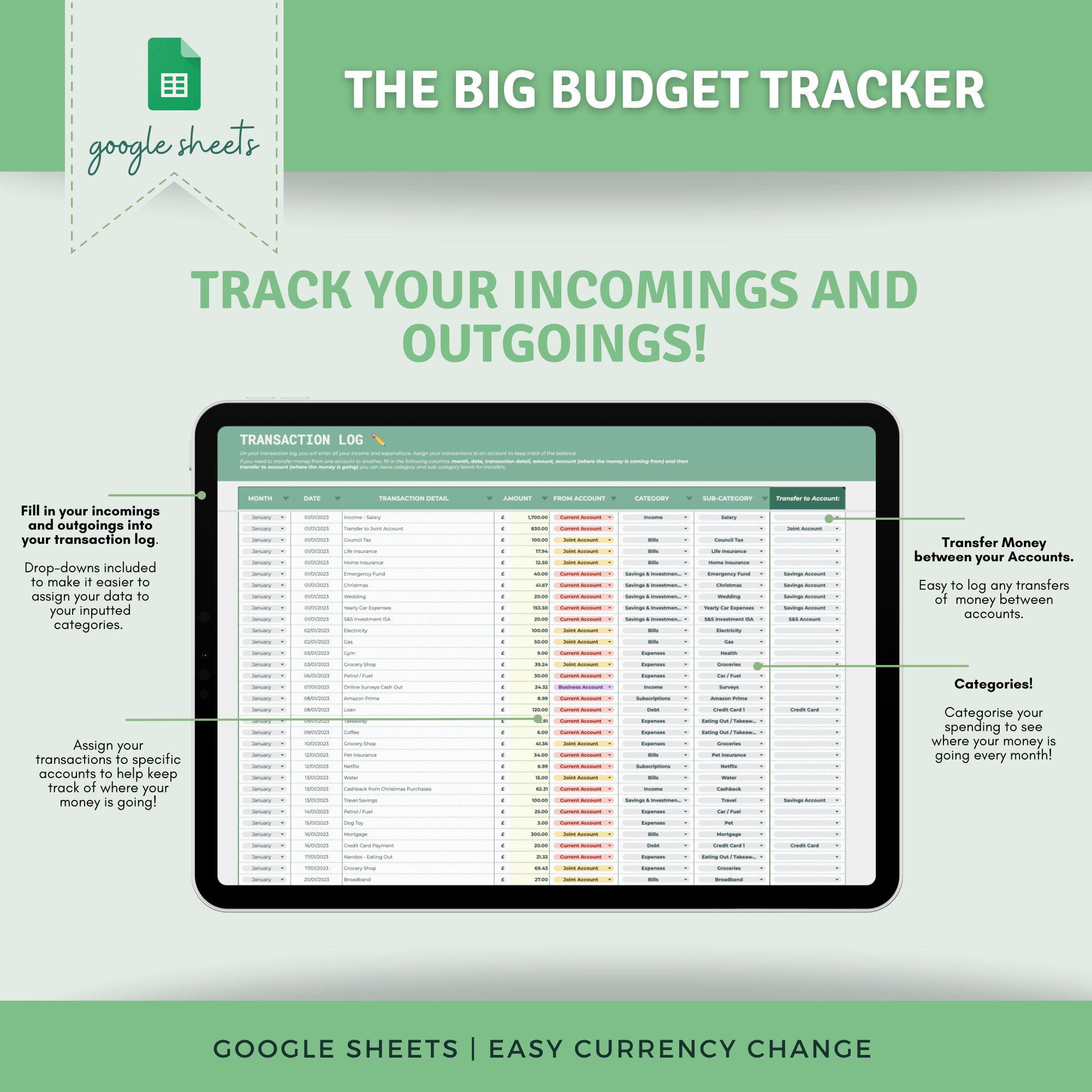 BIG BUDGET TRACKER | Budget Spreadsheet | Saving Tracker | Budget ...