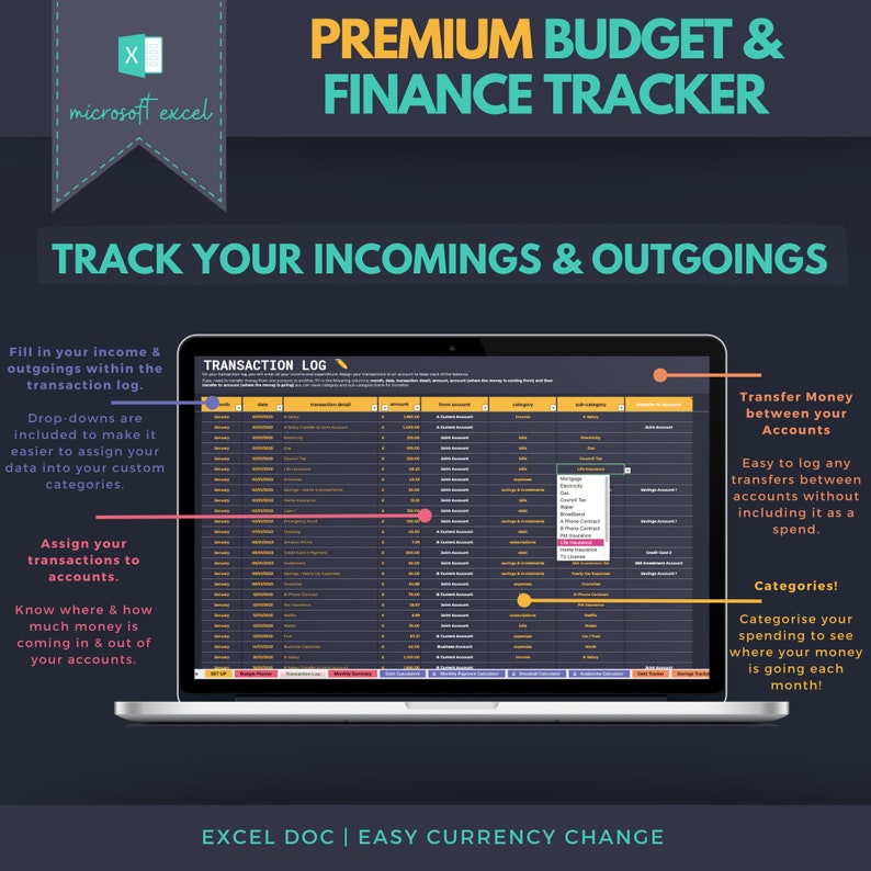 EXCEL DARK THEME Premium Budget & Finance Tracker Budget Spreadsheet ...