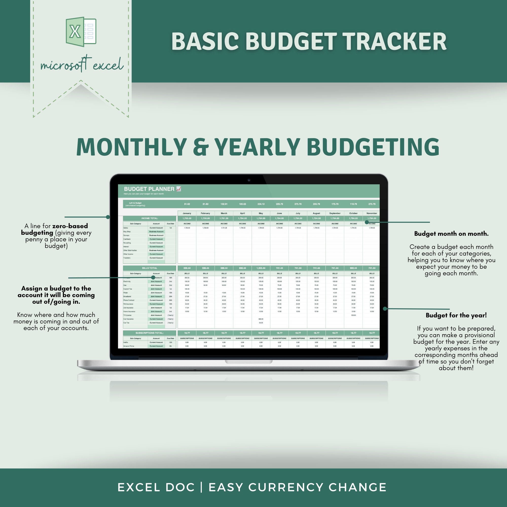 Excel BASIC BUDGET TRACKER Budget Spreadsheet Annual Budgeting Zero ...