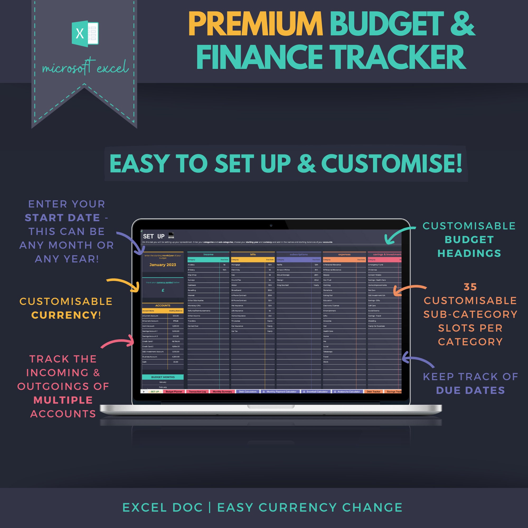 EXCEL DARK THEME Premium Budget & Finance Tracker Budget Spreadsheet ...