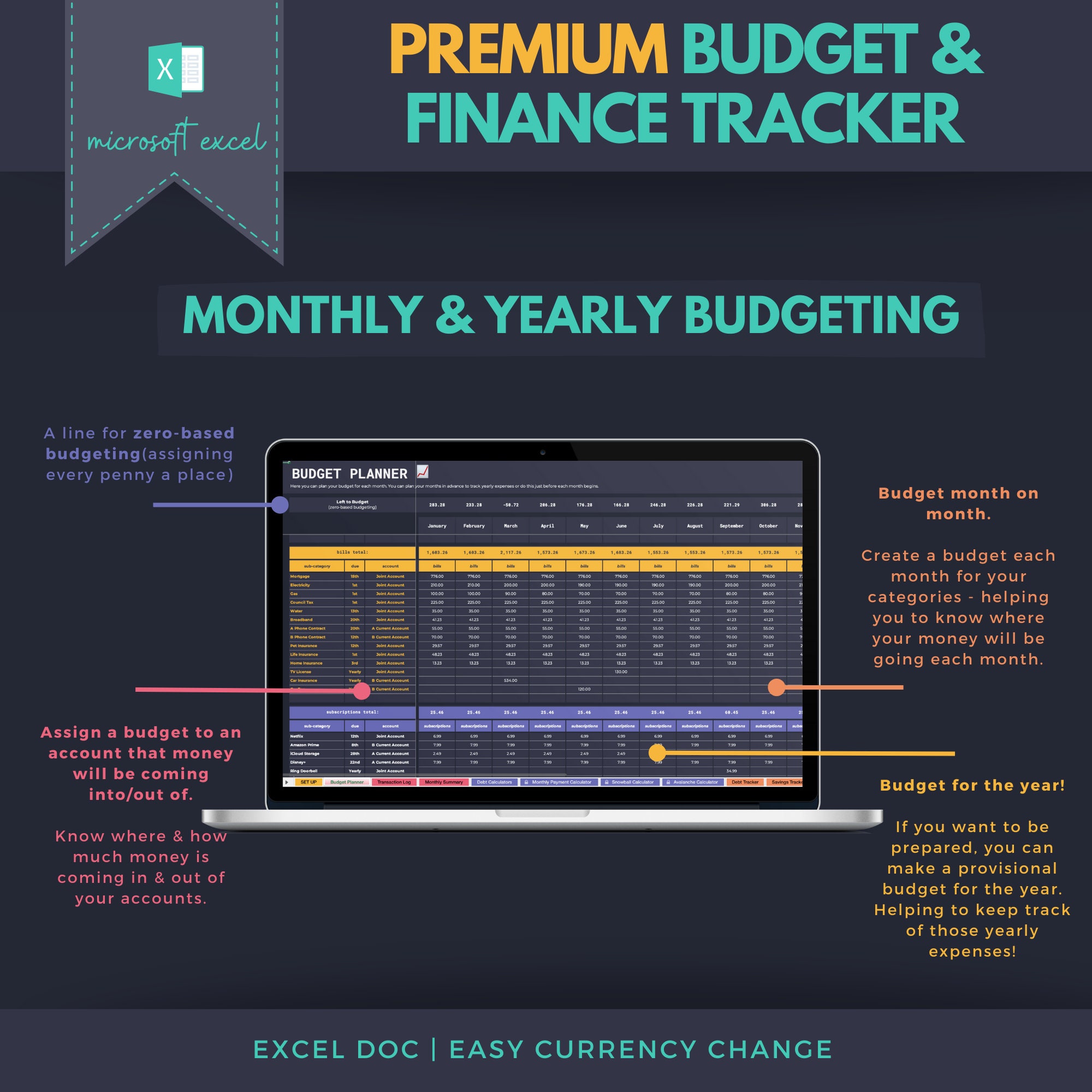 EXCEL DARK THEME Premium Budget & Finance Tracker Budget Spreadsheet ...