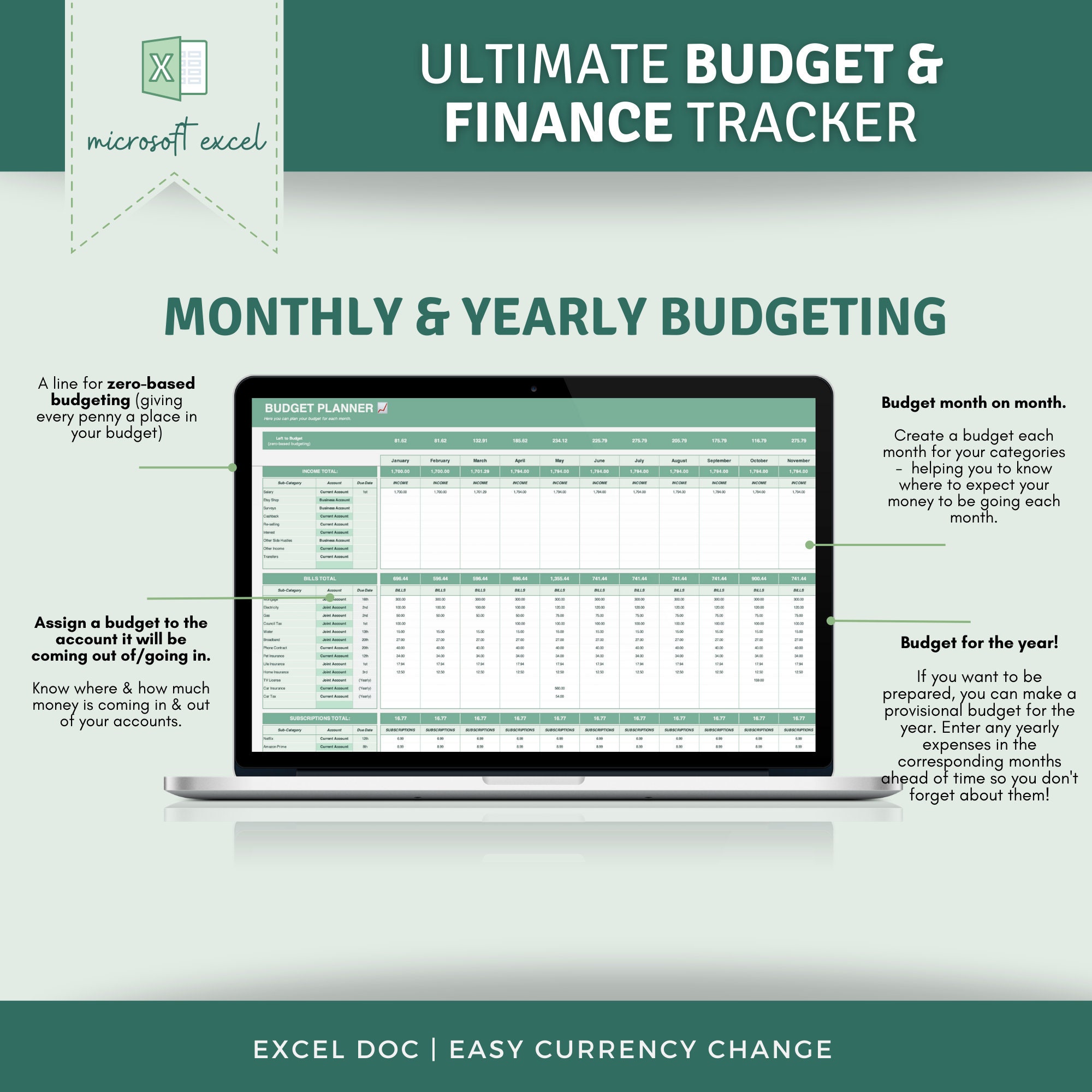Excel MONTHLY BUDGET & FINANCE Tracker Budget Spreadsheet - Etsy UK