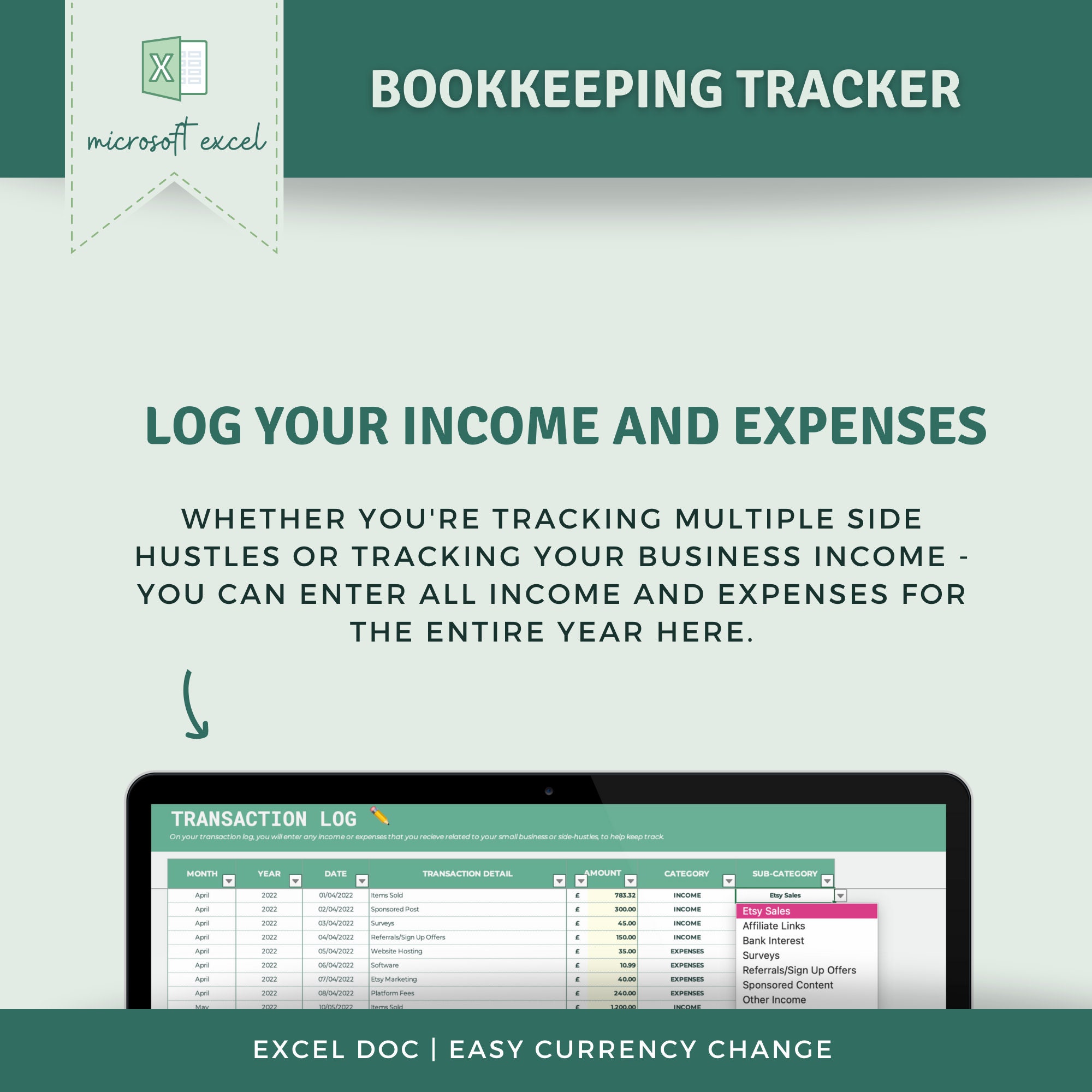 EXCEL Small Business Bookkeeping Side Hustle Income & Expenses ...