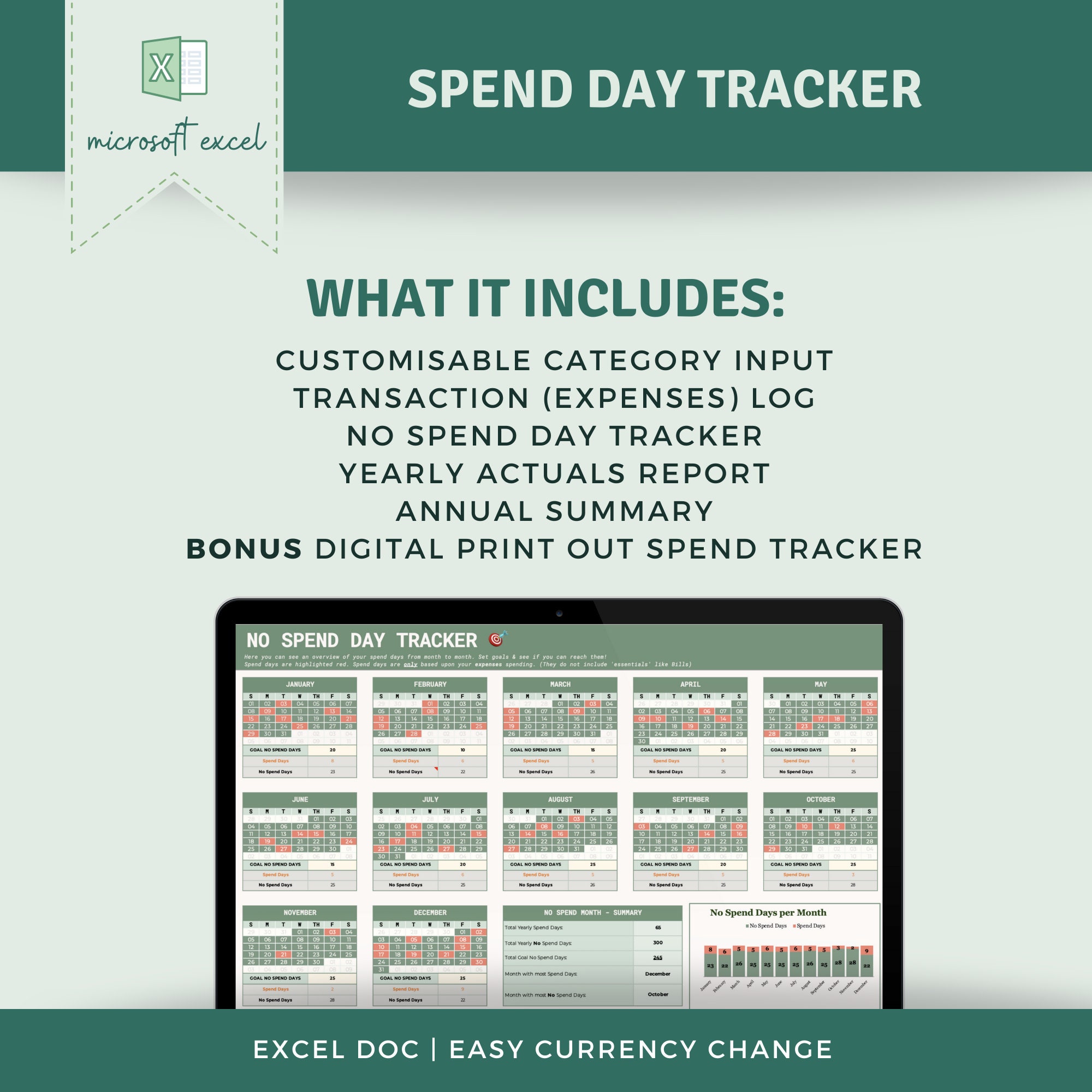 EXCEL SPEND DAY Tracker & Expenses Log | Spending Spreadsheet | No ...