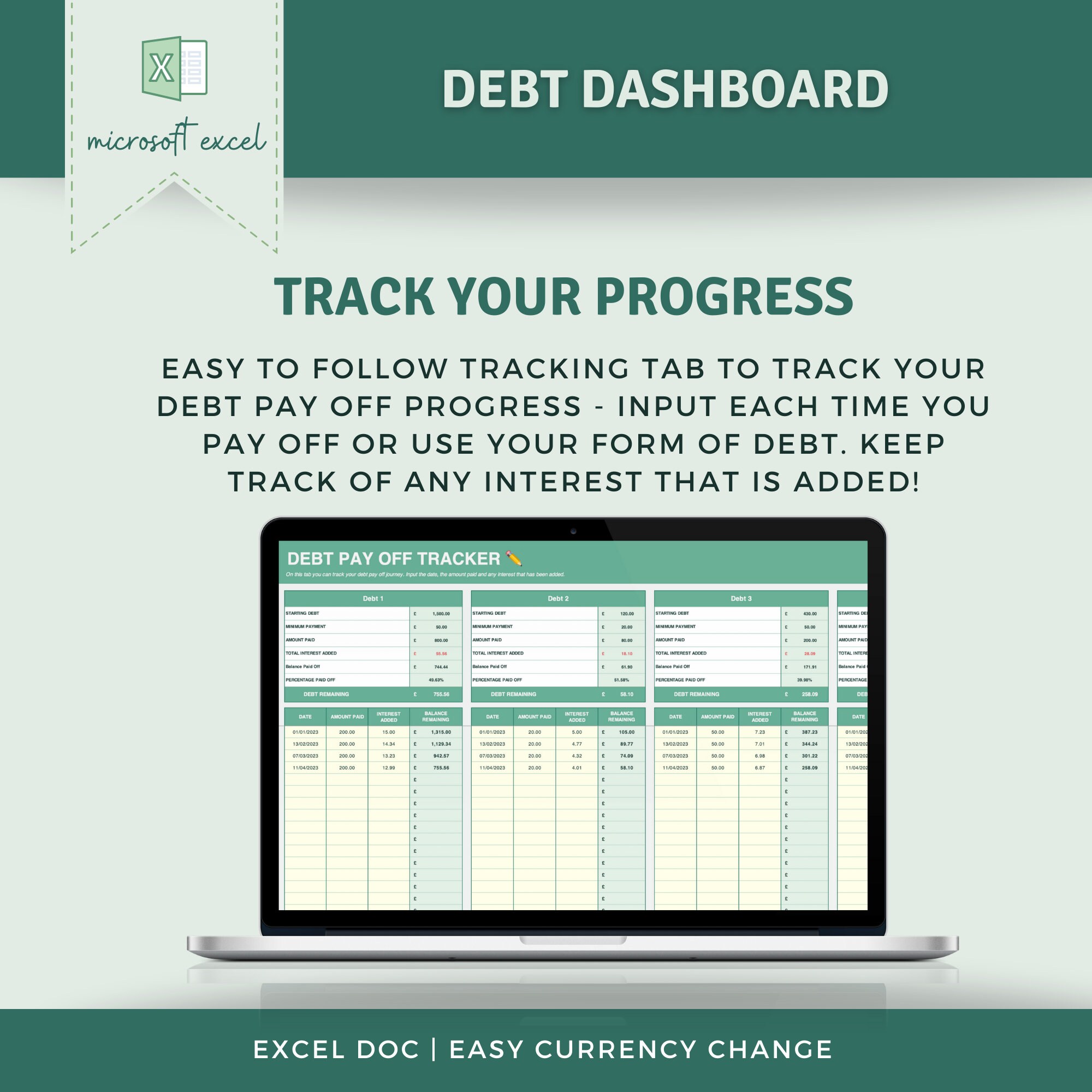 EXCEL DEBT DASHBOARD Debt Pay off Tracker Debt Snowball - Etsy