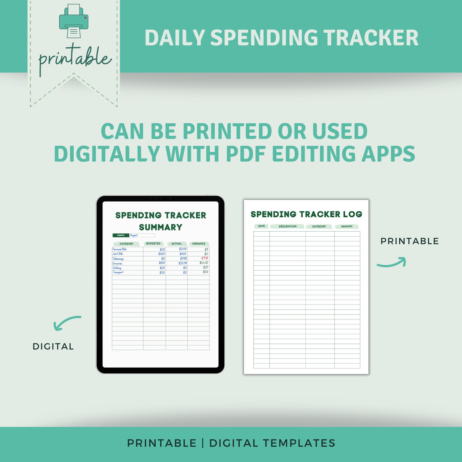 SPENDING TRACKER | Printable Spending Log | Transaction Log | Digital ...