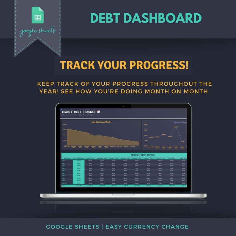 Dark Theme DEBT DASHBOARD Debt Pay off Tracker Debt Snowball Calculator ...