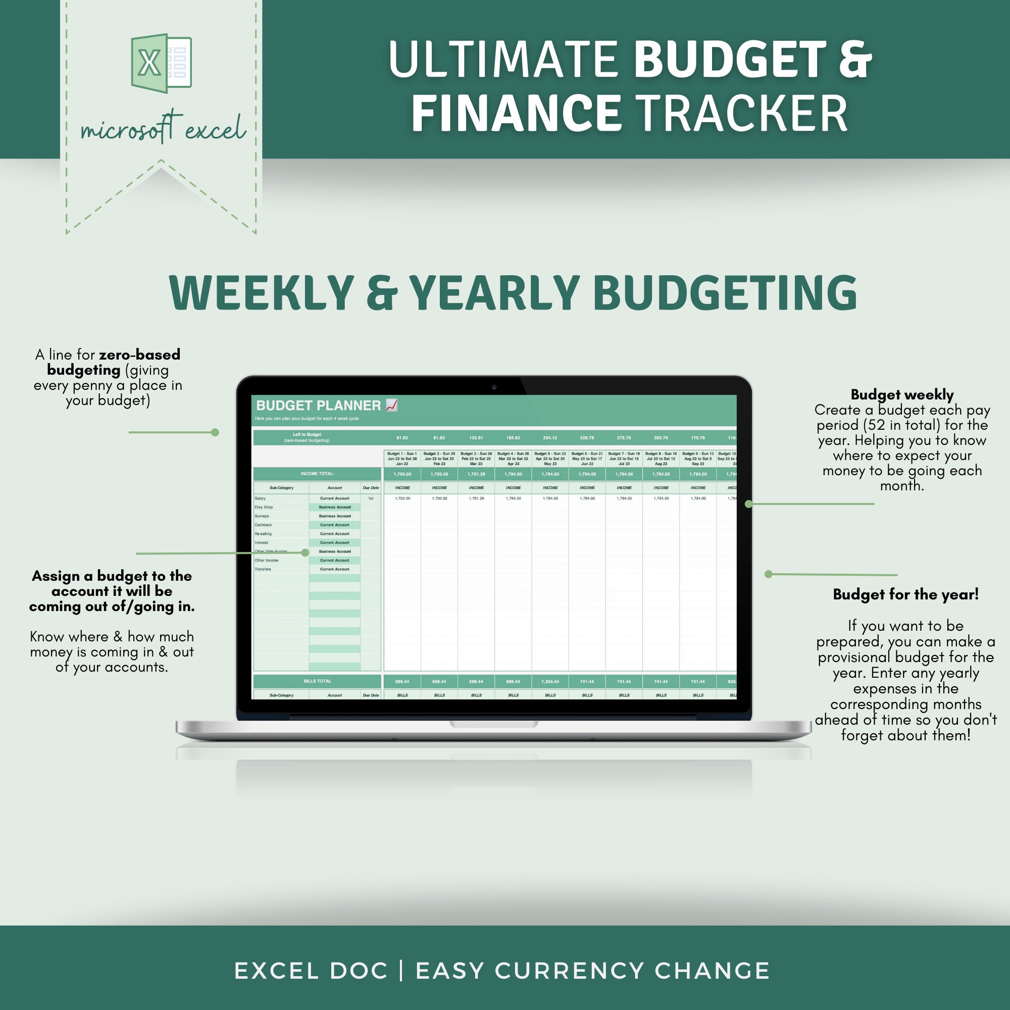 Excel WEEKLY BUDGET & FINANCE Tracker | Budget Spreadsheet | Saving ...
