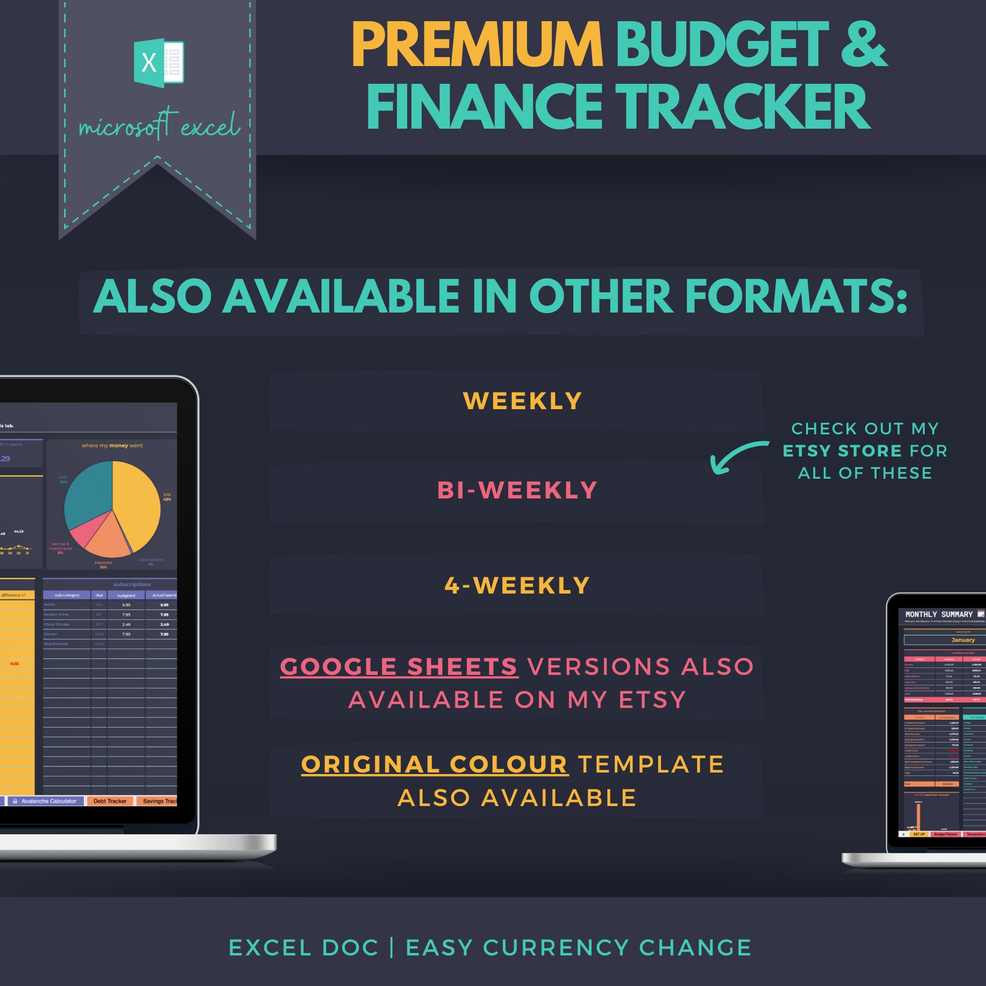 EXCEL DARK THEME Premium Budget & Finance Tracker Budget Spreadsheet ...